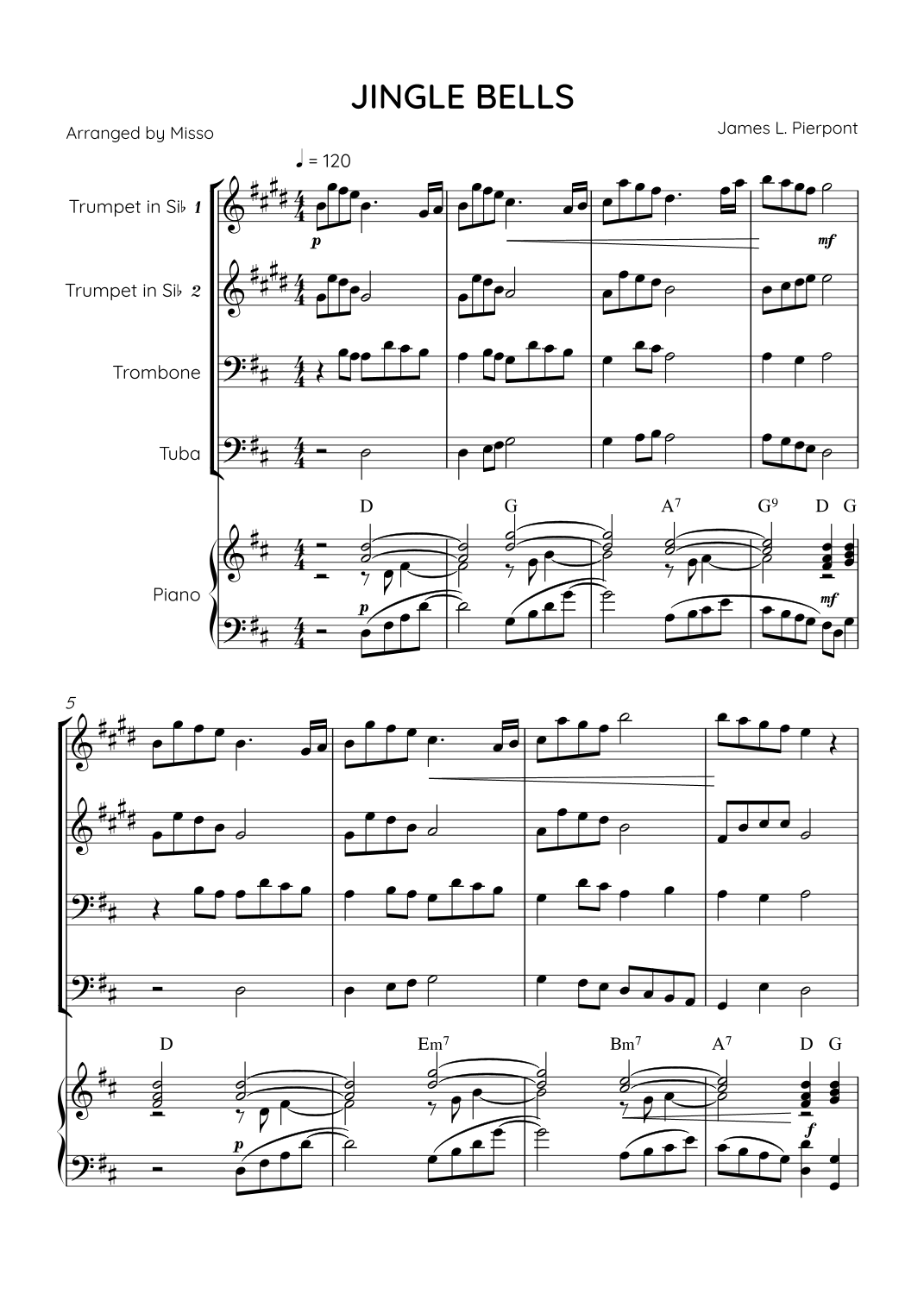 Jingle Bells - Brass Quartet & Piano in D Major - Intermediate (arr. MissoRB) by James L ...