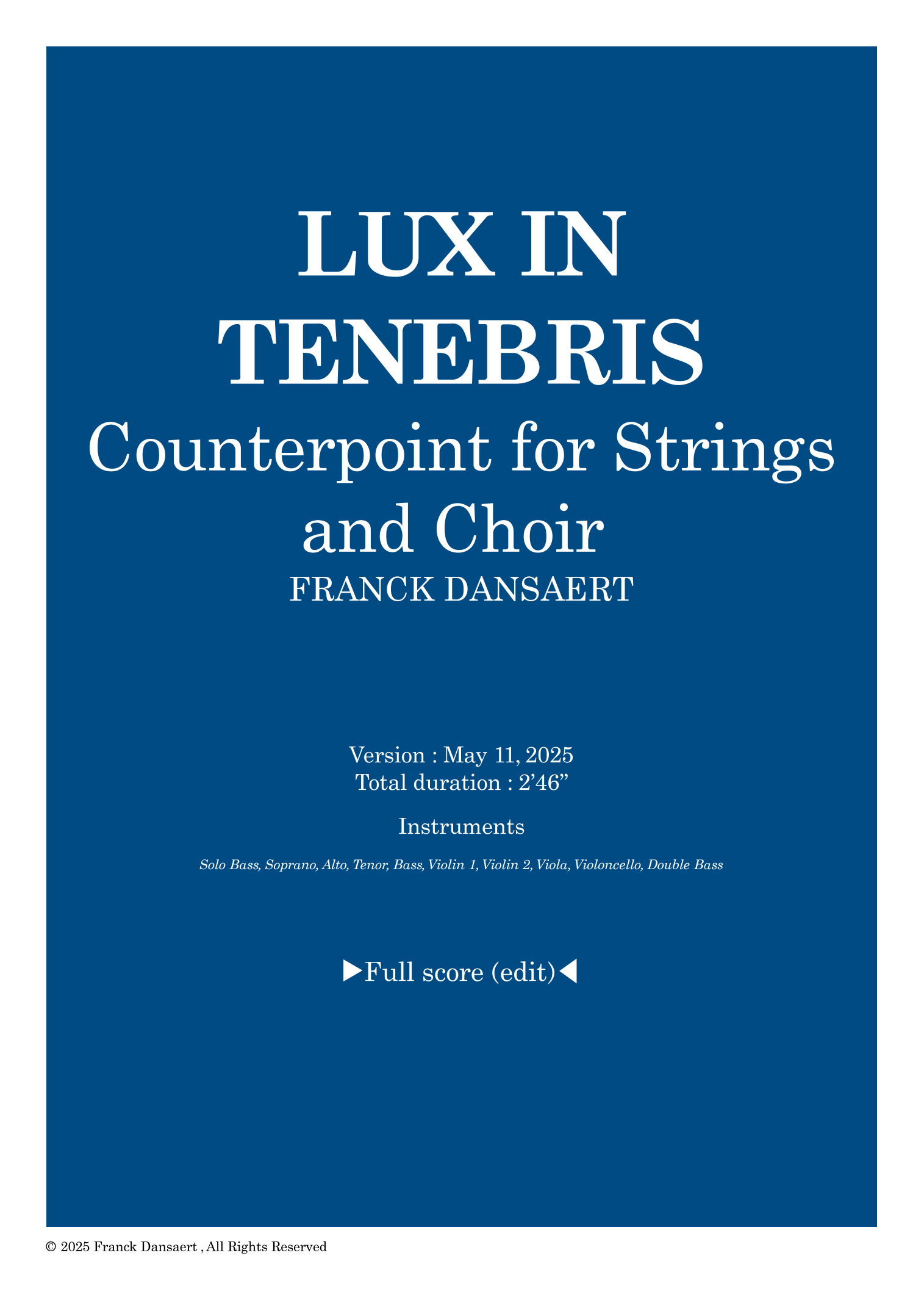 Lux In Tenebris - Score Only by Franck Dansaert Sheet Music for ...