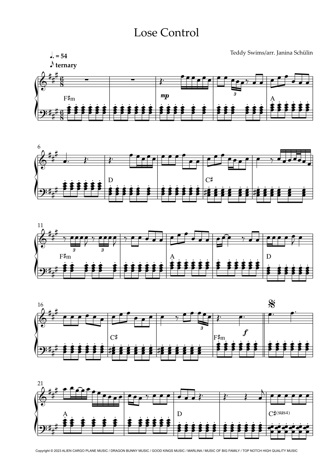 Lose Control (arr. Janina Schülin) by Teddy Swims Sheet Music for Easy ...