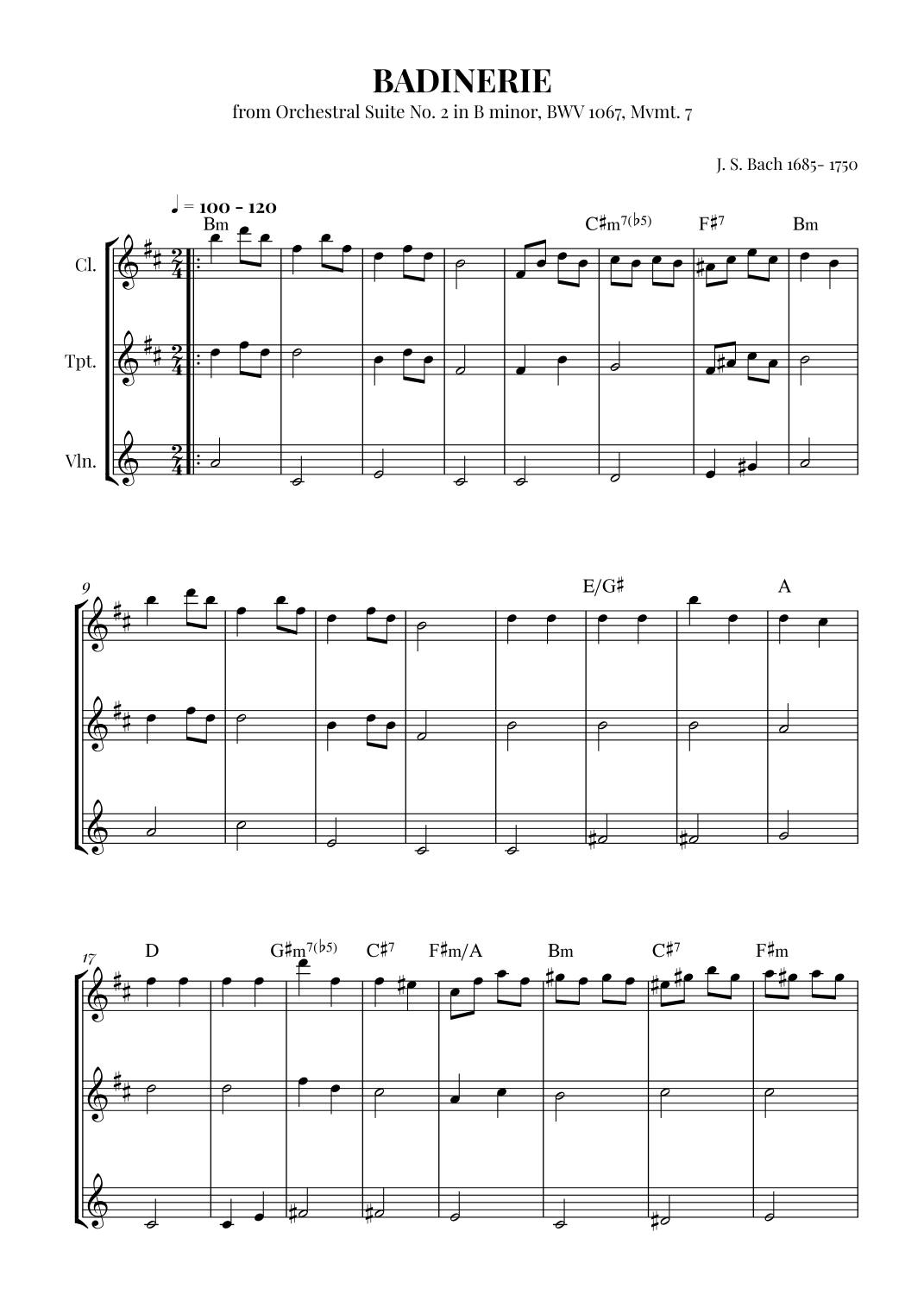 Badinerie (BWV 1067) - for Clarinet, Trumpet and Violin (with Chords ...