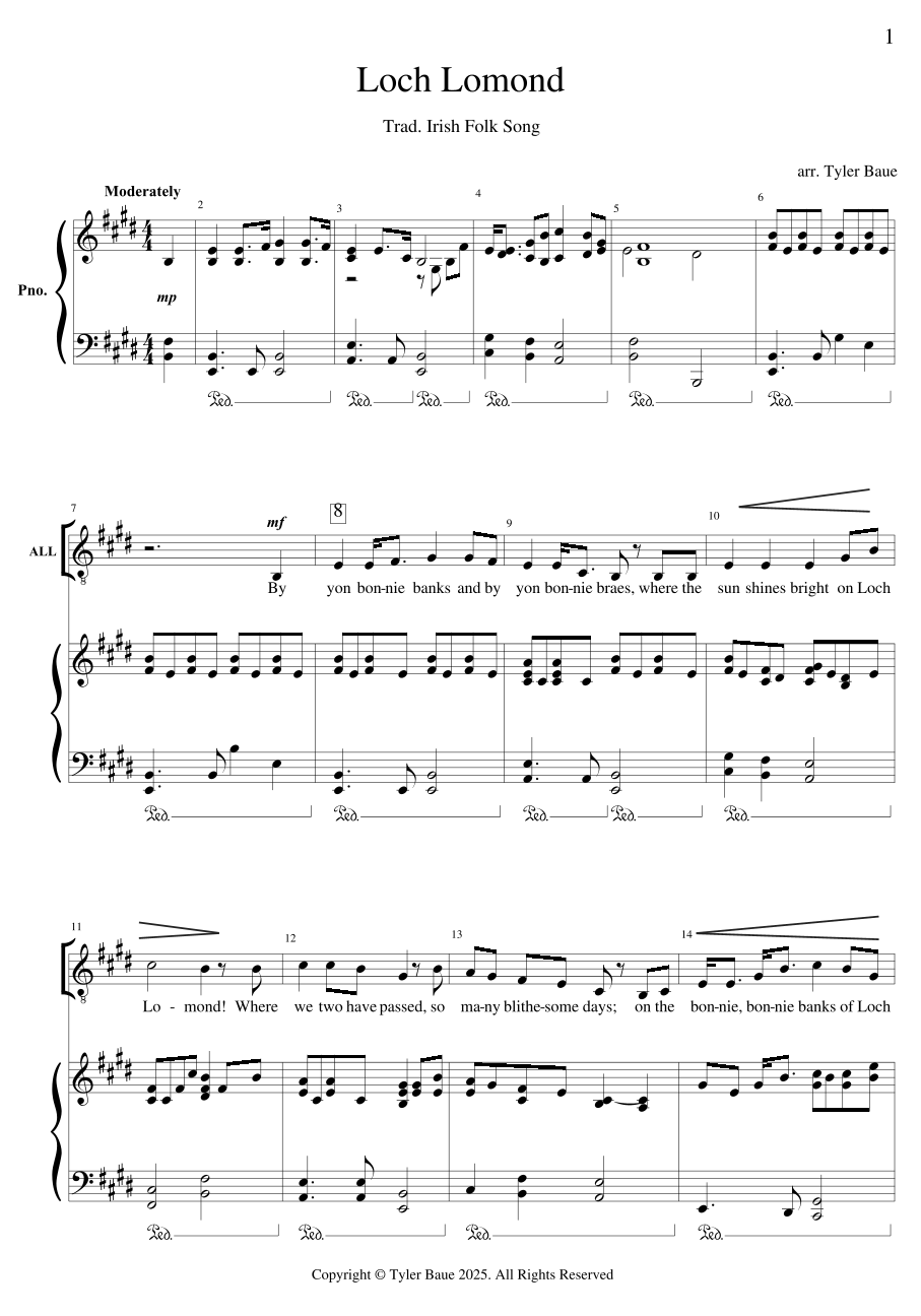 Loch Lomond (arr. Tyler Baue) by Traditional Scottish Folk Song Sheet ...