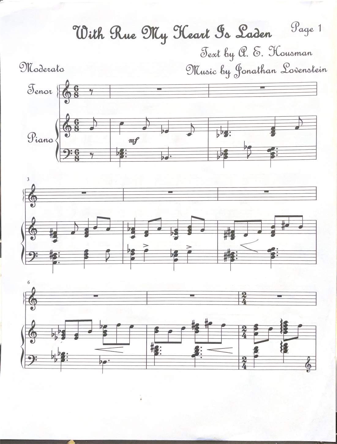 With Rue My Heart Is Laden by Text by A E Housman Sheet Music for Piano ...