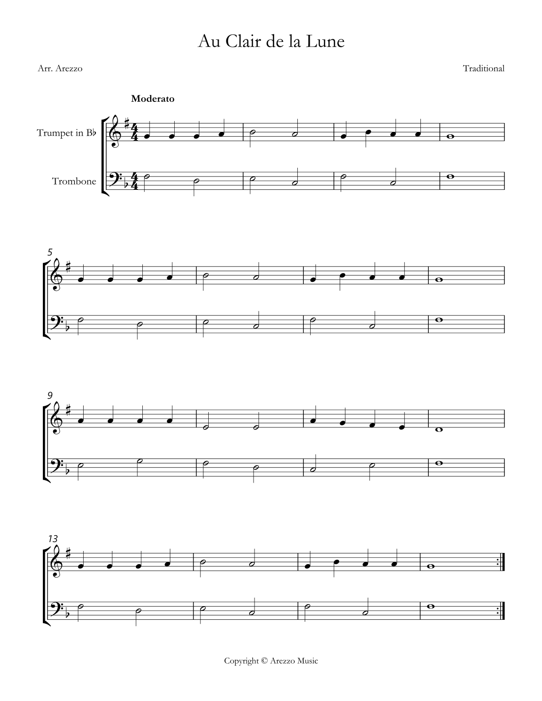 Au Clair de la lune Easy Trumpet and Trombone Sheet Music (arr. Arezzo ...