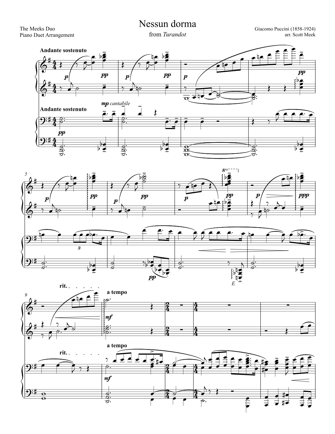 Nessun Dorma from Turandot (Piano duet) (arr. Scott Meek) by Puccini ...