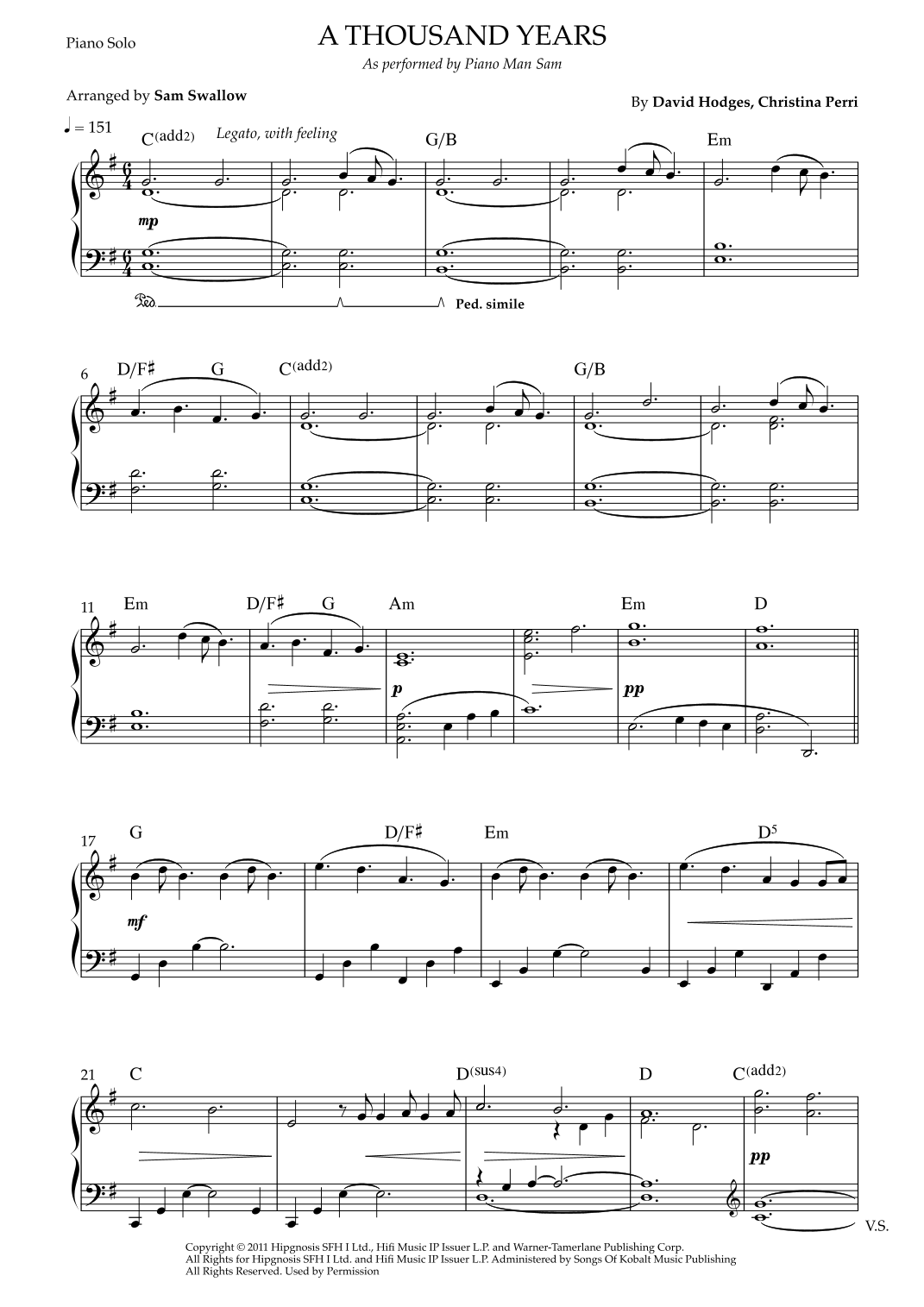 A Thousand Years (arr. Sam Swallow) by Christina Perri Sheet Music for ...
