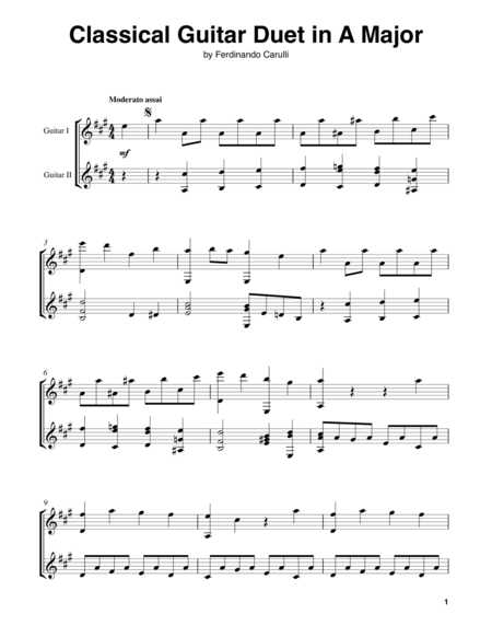 Classical Guitar Duet in A Major (arr. Ferdinando Carulli) Sheet Music ...