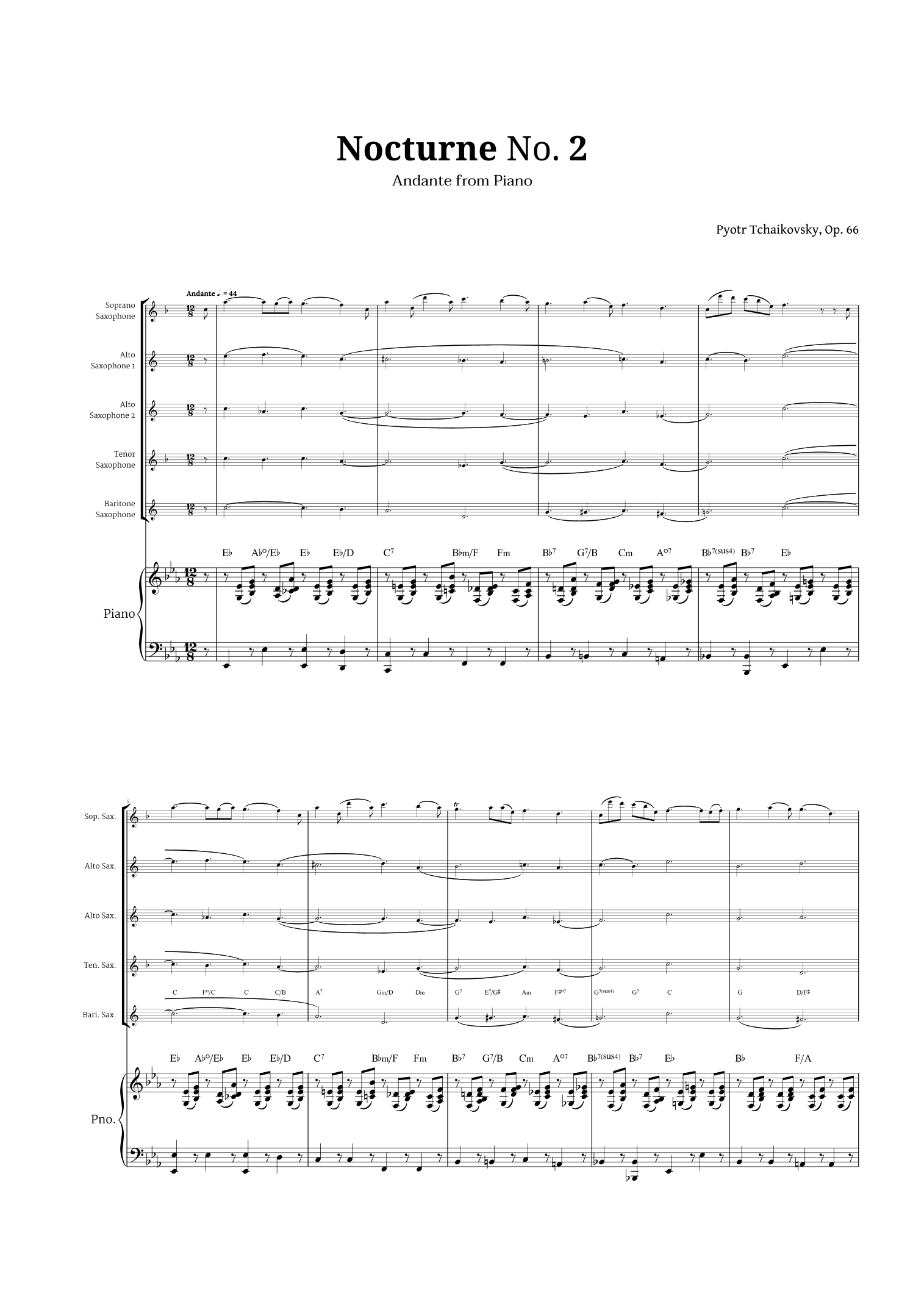 Nocturne by Chopin for Sax Quintet and Piano (arr. Langanho) Sheet ...