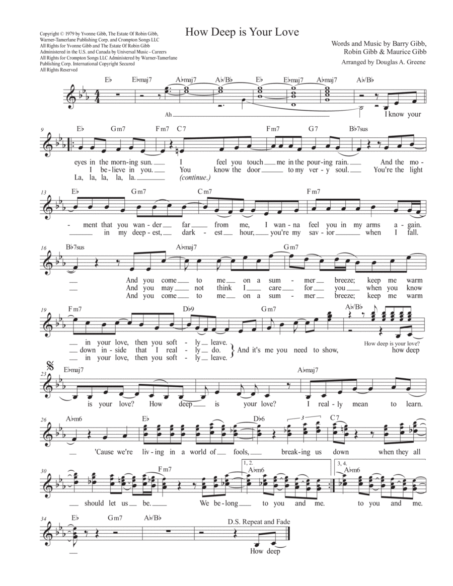 How Deep Is Your Love arr Douglas A Greene Sheet Music The Bee
