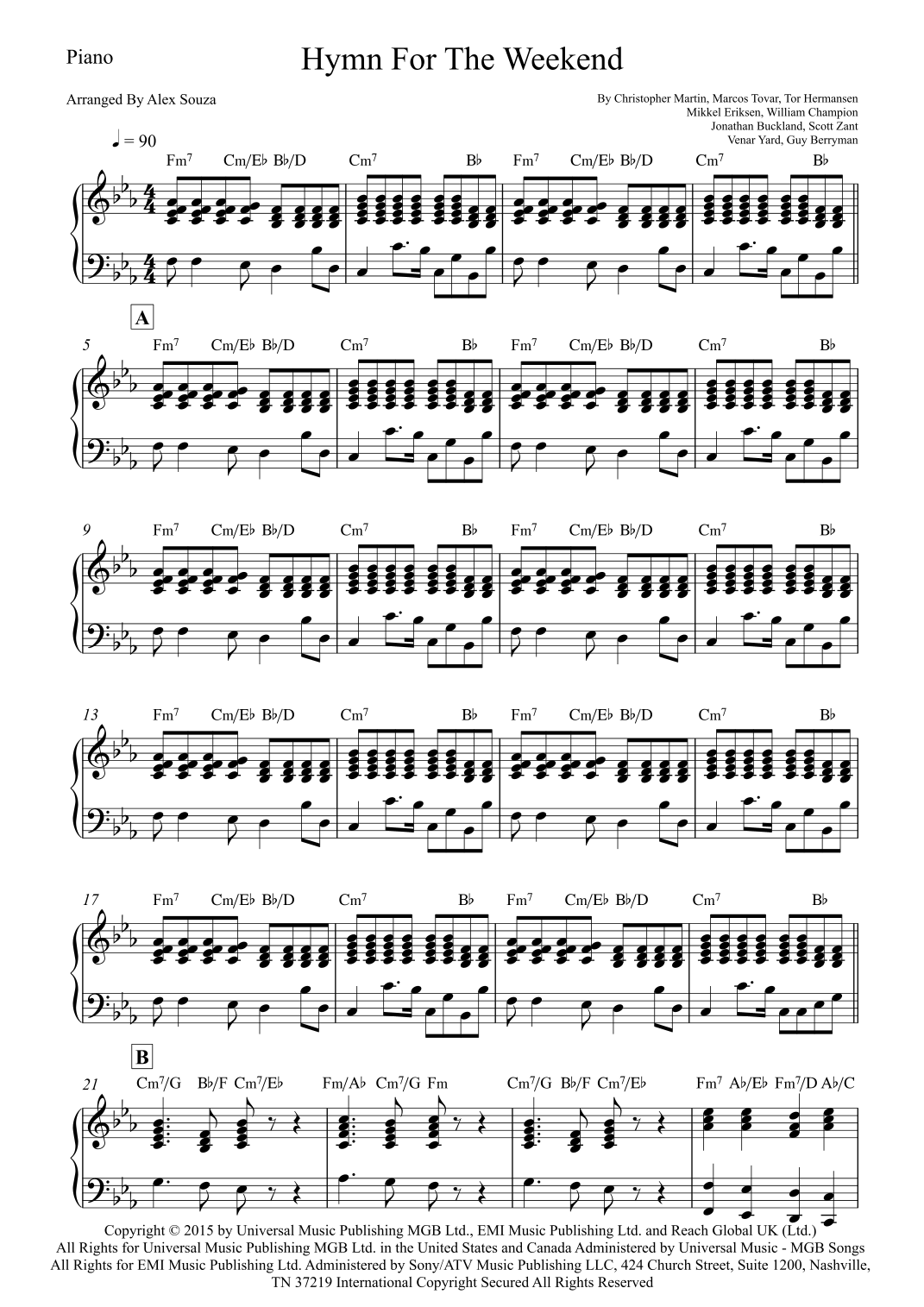 Hymn For The Weekend (arr. Alex Souza) by Coldplay Sheet Music for Easy ...