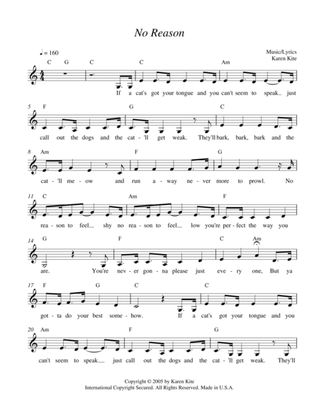 No Reason by Karen Kite Sheet Music for Piano, Vocal & Guitar Chords ...