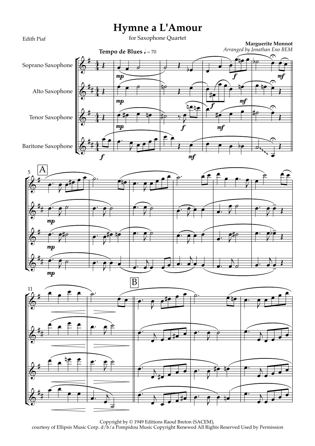 Hymne A L'amour (arr. Jonathan Eno BEM) by Josh Groban Sheet Music for ...