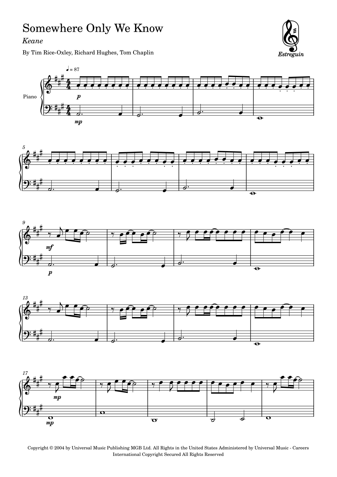 Somewhere Only We Know (arr. Estreguin) by Keane Sheet Music for Easy ...