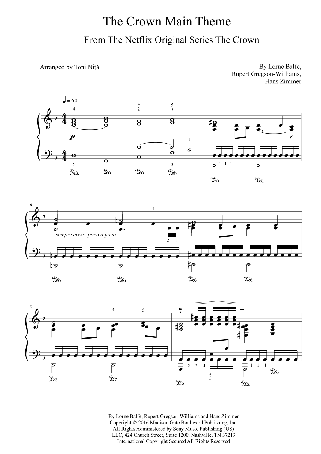 The Crown Main Theme (arr. Toni Nita by Hans Zimmer Sheet Music for ...