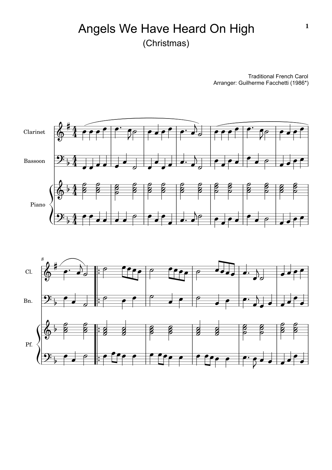 Angels We Have Heard On High - Clarinet, Bassoon and Piano. With Parts ...