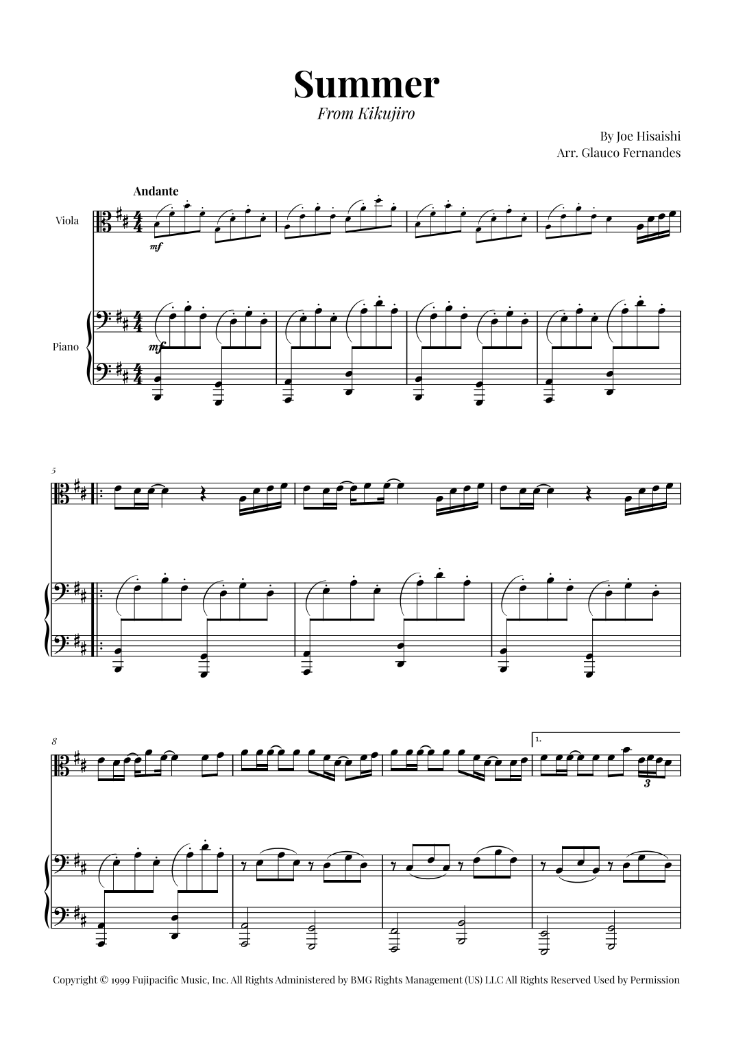 Summer (arr. Glauco Fernandes) by Joe Hisaishi Sheet Music for Viola ...