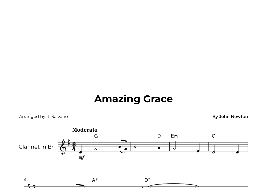 Amazing Grace - Clarinet (arr. R. Salvario) by John Newton Sheet Music ...