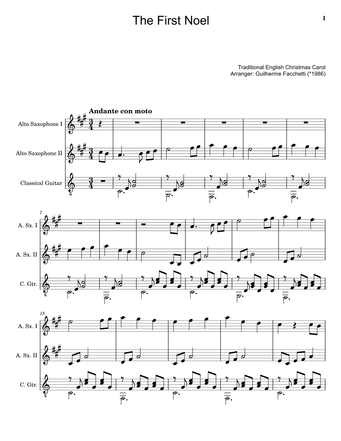 The First Noel - A. Sax. Duet and Guitar. With Parts. (arr. Guilherme ...