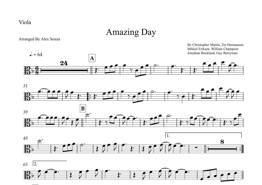 Amazing Day (arr. Alex Souza) by Coldplay Sheet Music for Viola Solo at ...