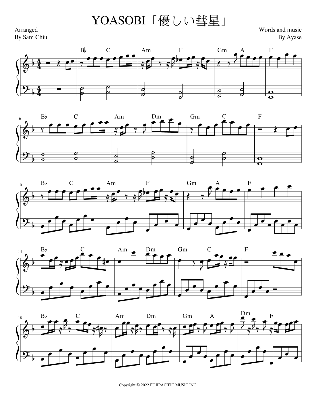 Yasashii Suisei (arr. Sam Chiu) by YOASOBI Sheet Music for Piano Solo ...