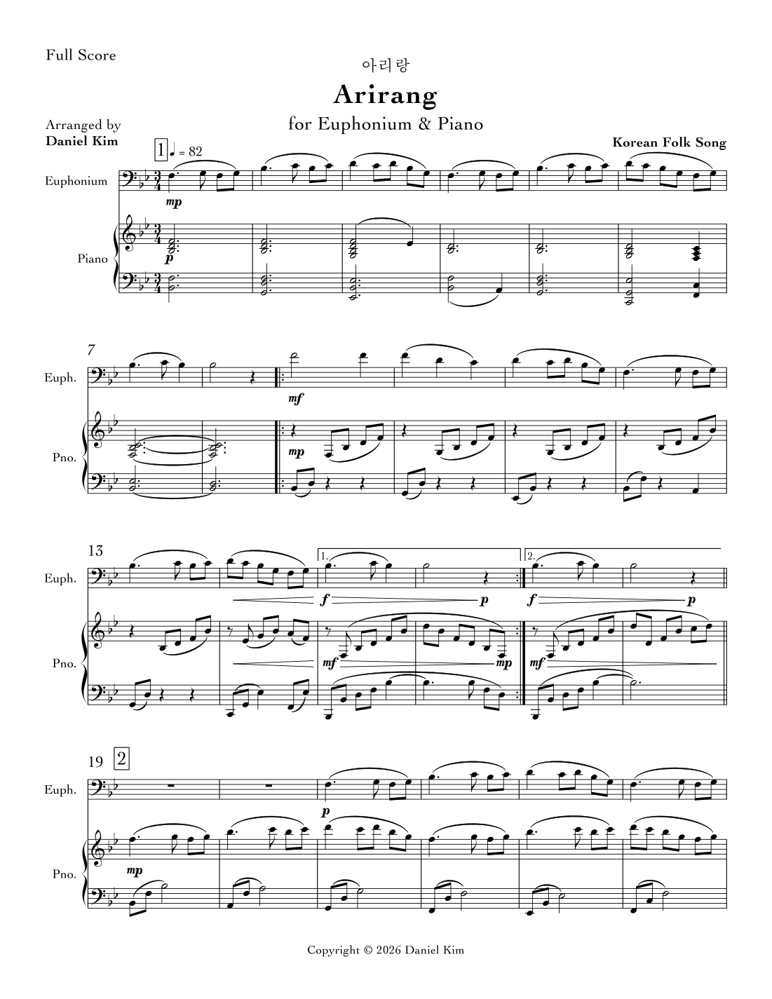 Arirang (Euphonium & Piano) (arr. Daniel Kim) par Korean folk song ...