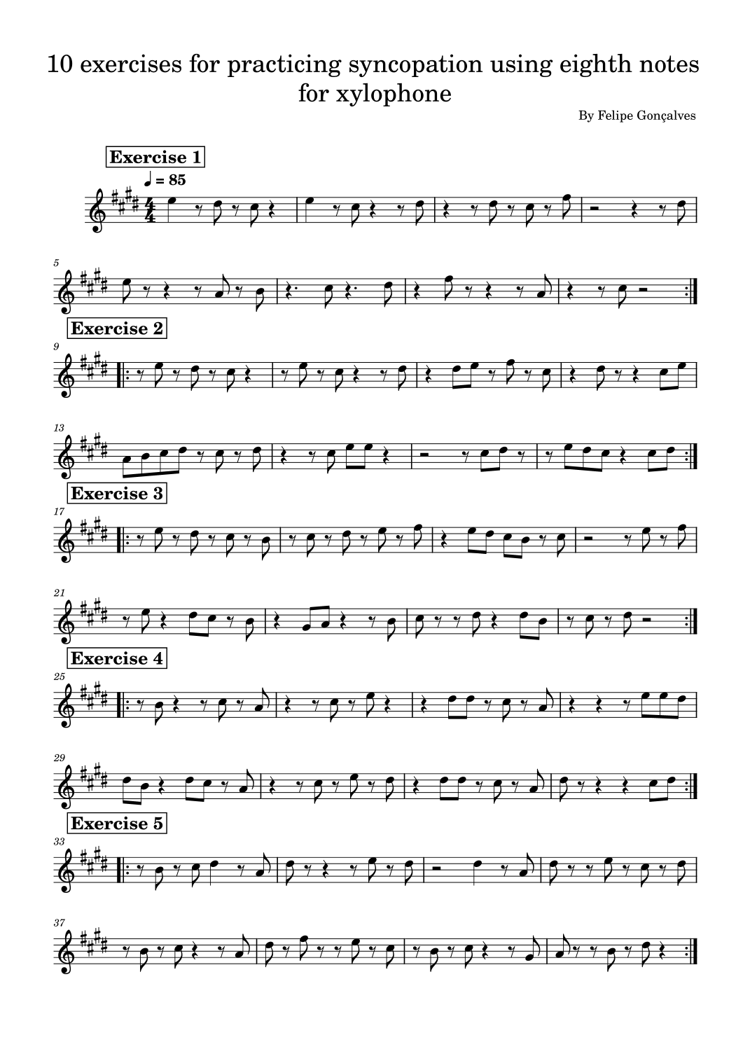 10 exercises for syncopation using eighth notes for xylophone in E ...