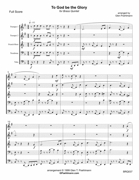 TO GOD BE THE GLORY for BRASS QUINTET (arr. Glen Poehlmann) by William ...