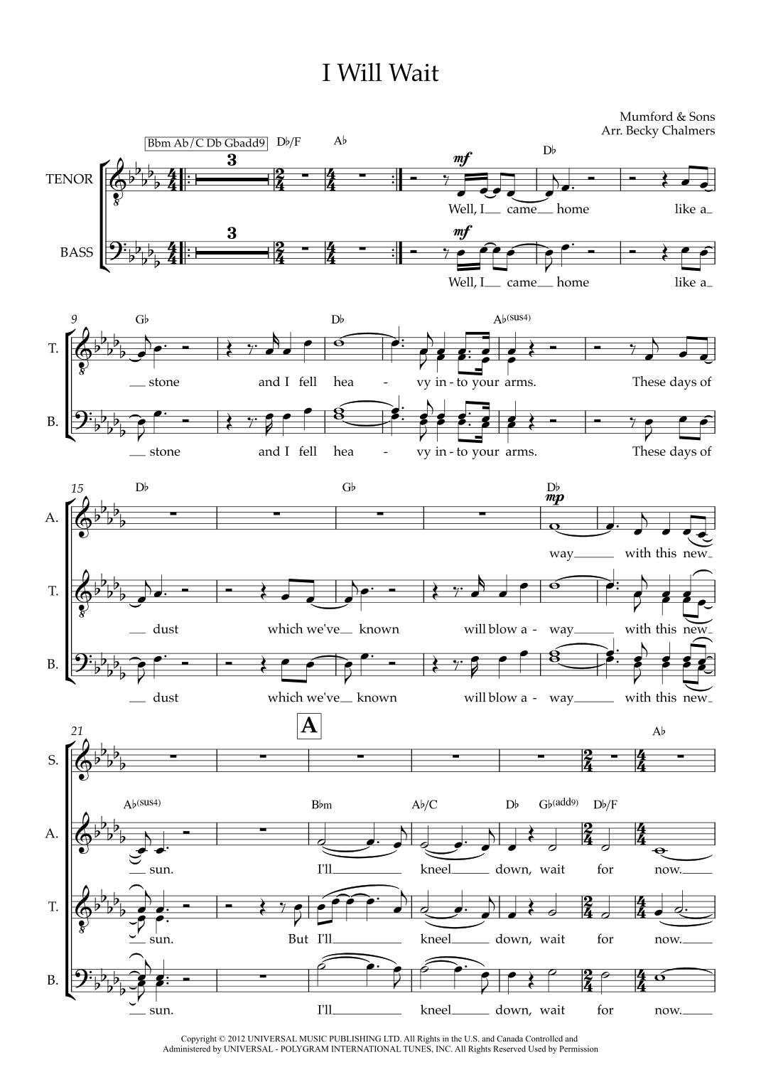 I Will Wait (arr. Becky Chalmers) by Mumford & Sons Sheet Music for ...