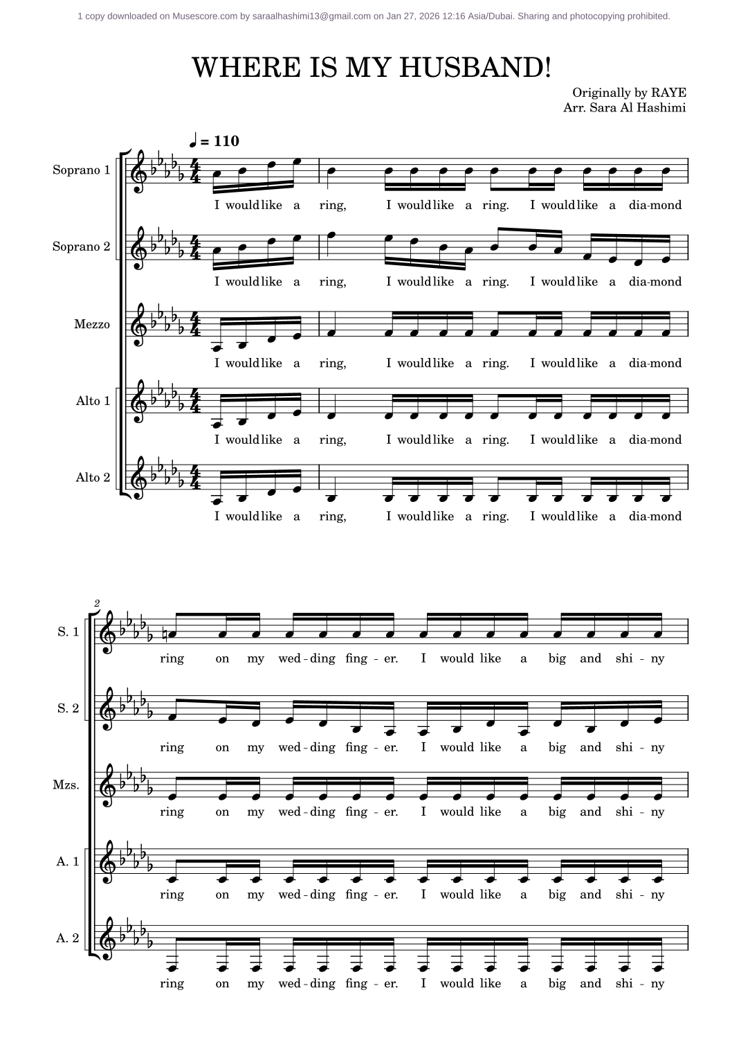 Where Is My Husband! (arr. Sara Al Hashimi) by RAYE Sheet Music for 5 ...