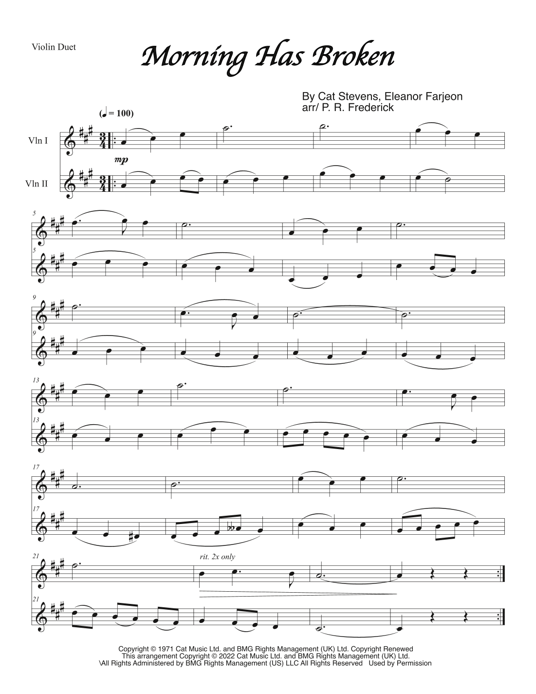 Morning Has Broken (arr. P. R. Frederick) by Cat Stevens Sheet Music ...