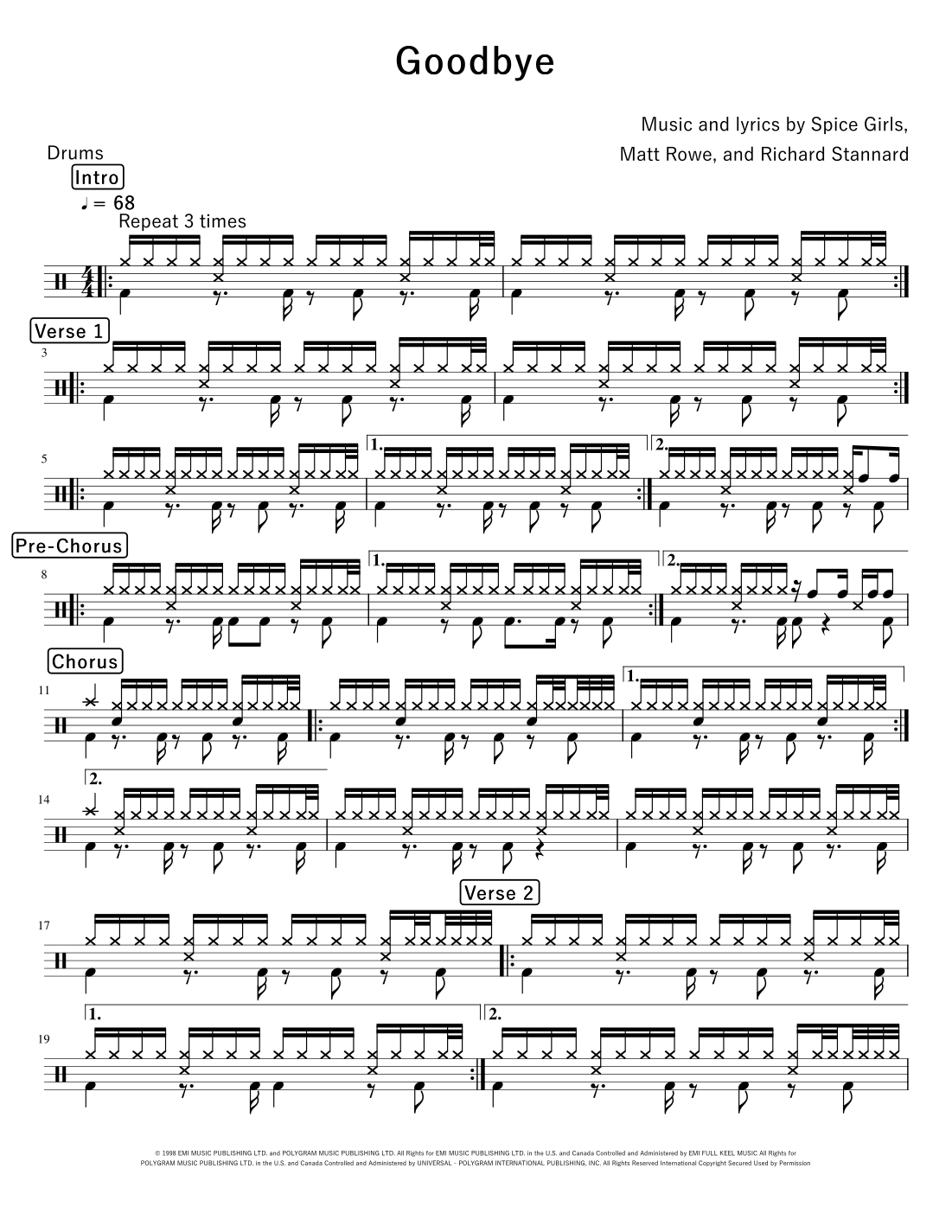 Goodbye (arr. David Lartey) by Spice Girls Sheet Music for Drums at ...