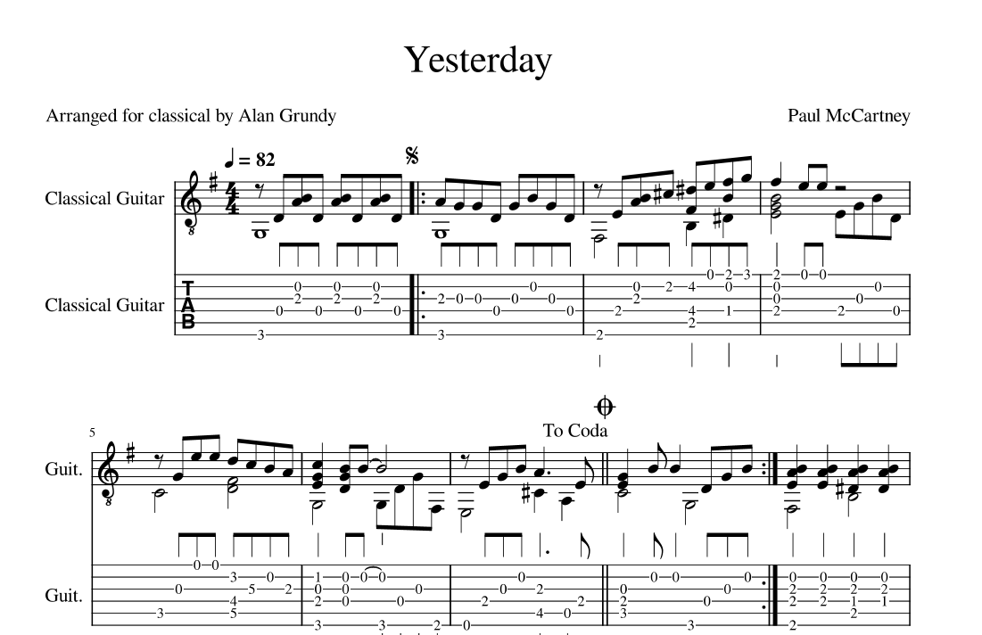 Yesterday (arr. Alan Grundy by The Beatles Sheet Music for Guitar Tab ...