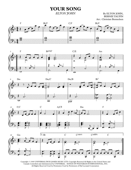 Your Song (arr. Christian Bennedsen) by Elton John Sheet Music for ...