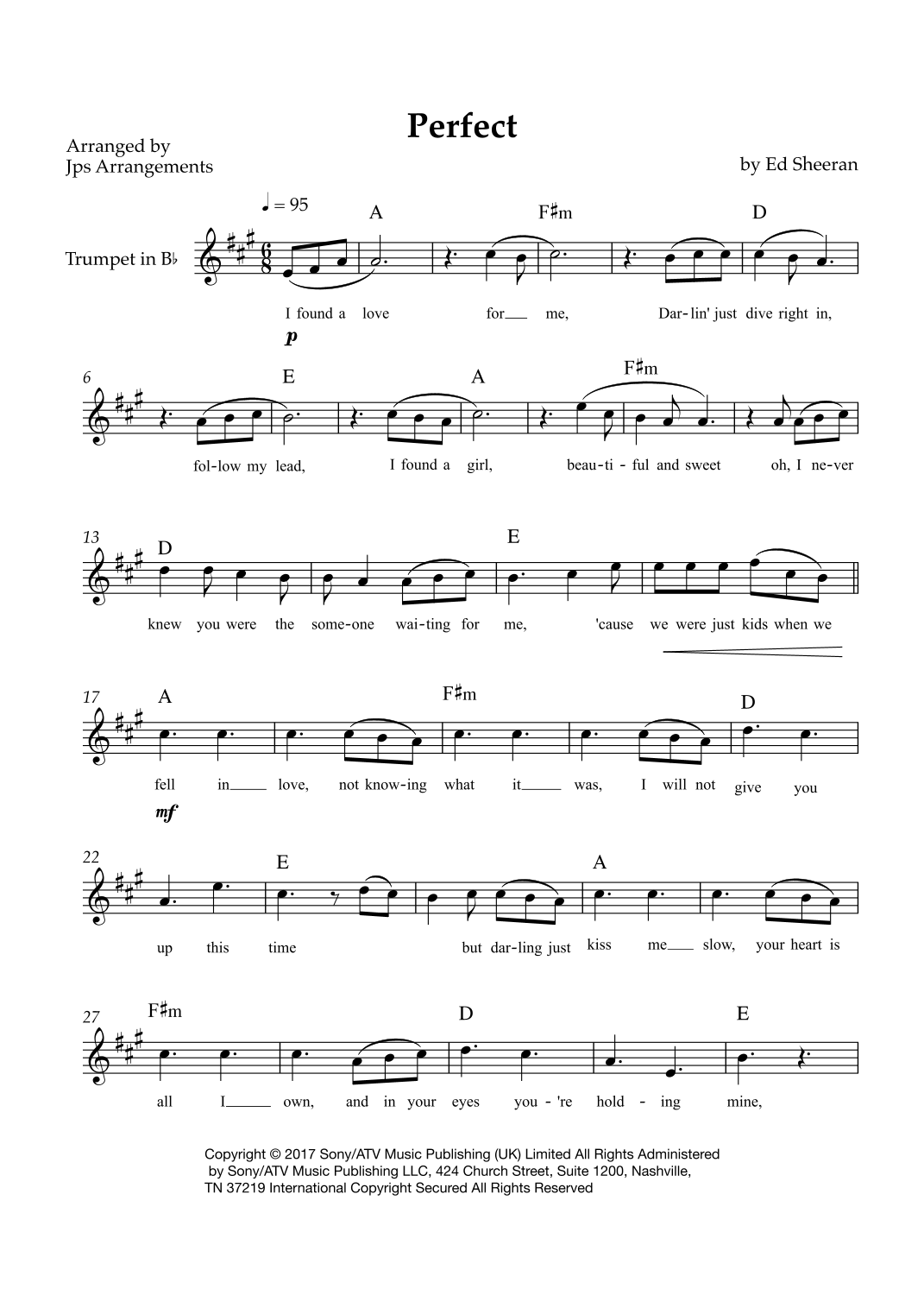 Perfect (arr. Jps Arrangements) by Ed Sheeran Sheet Music for Trumpet ...