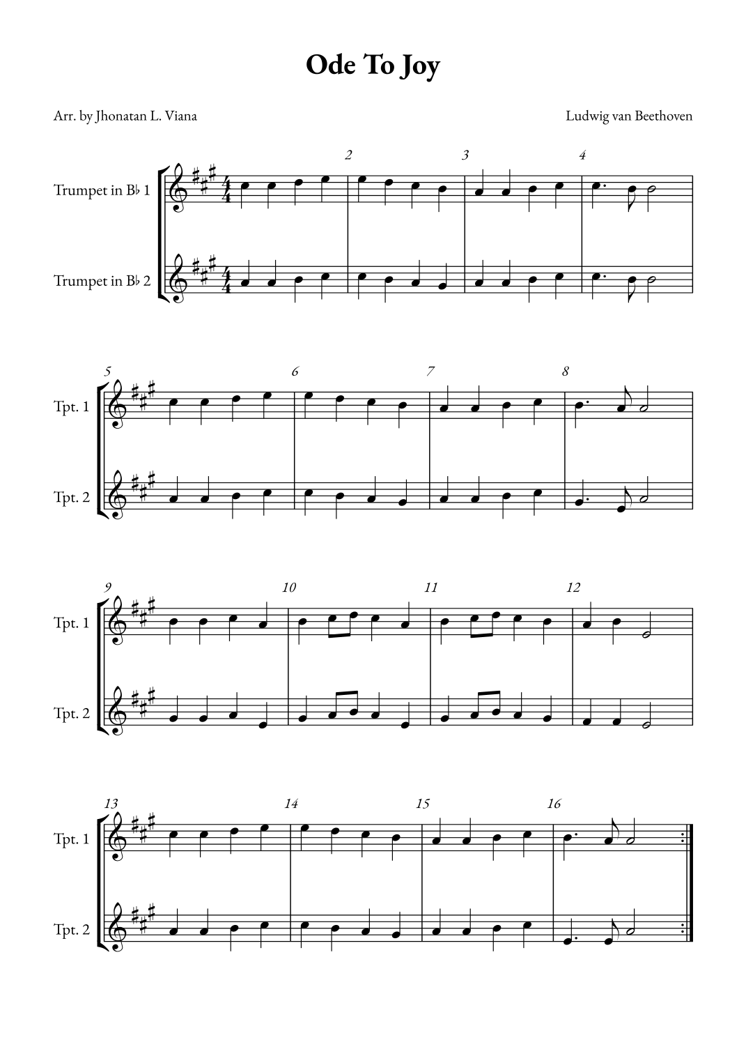 Ode To Joy (arr. Jhonatan Lucio Viana) by Classical Sheet Music for ...