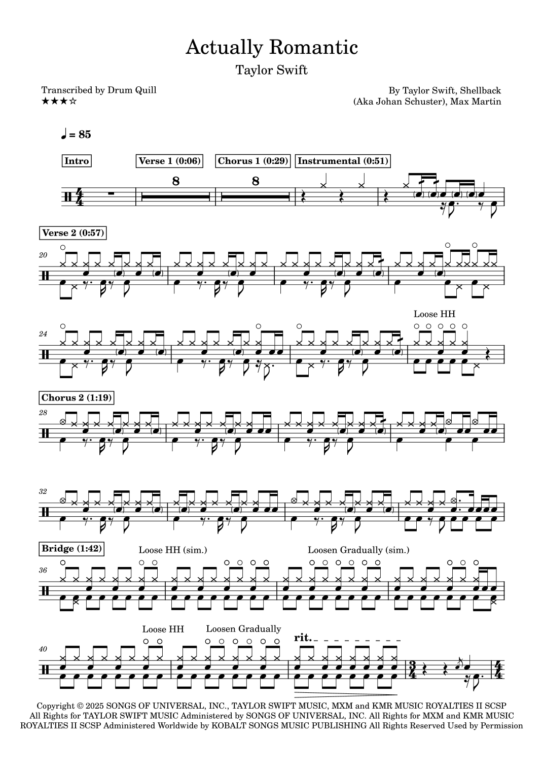 Actually Romantic (arr. Drum Quill) par Taylor Swift Partitions pour ...