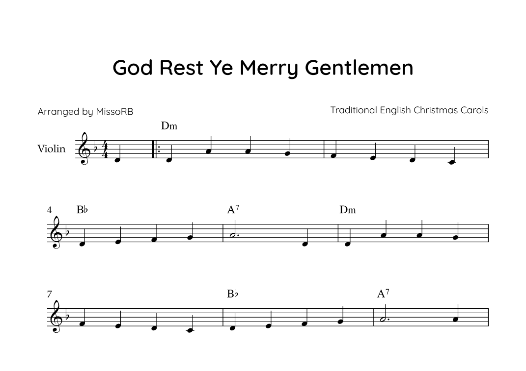 God Rest Ye Merry Gentlemen - Violin in D Minor With Chords - Easy (arr ...