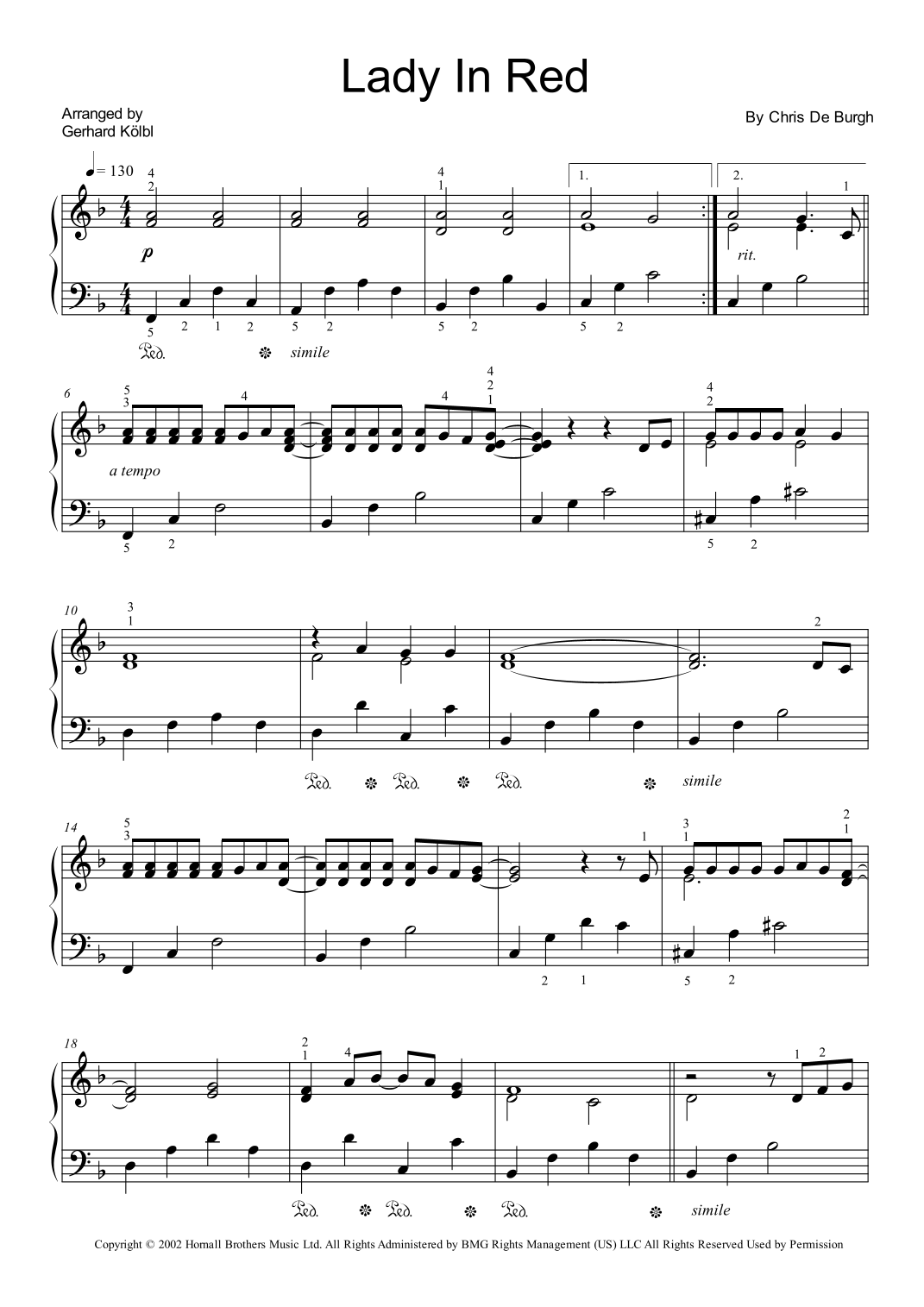 Lady In Red (arr. Gerhard Kölbl) by Chris de Burgh Sheet Music for ...