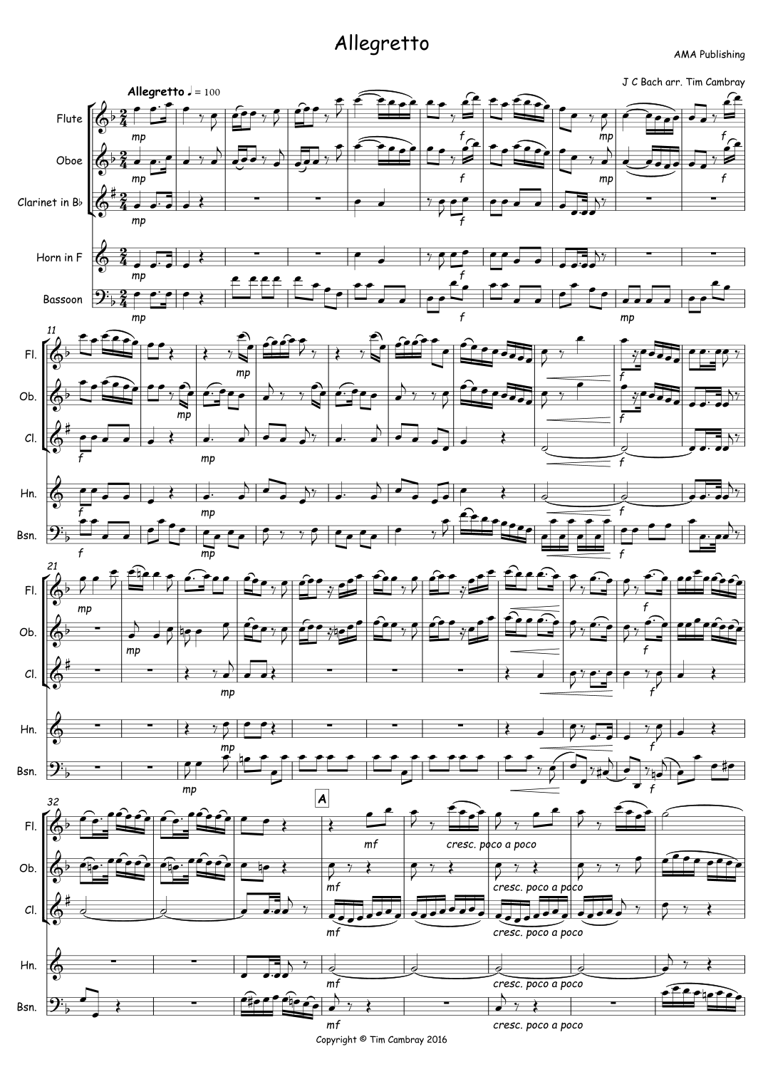 Allegretto (arr. Tim Cambray) von JC Bach Noten zum Holzbläser-Ensemble ...