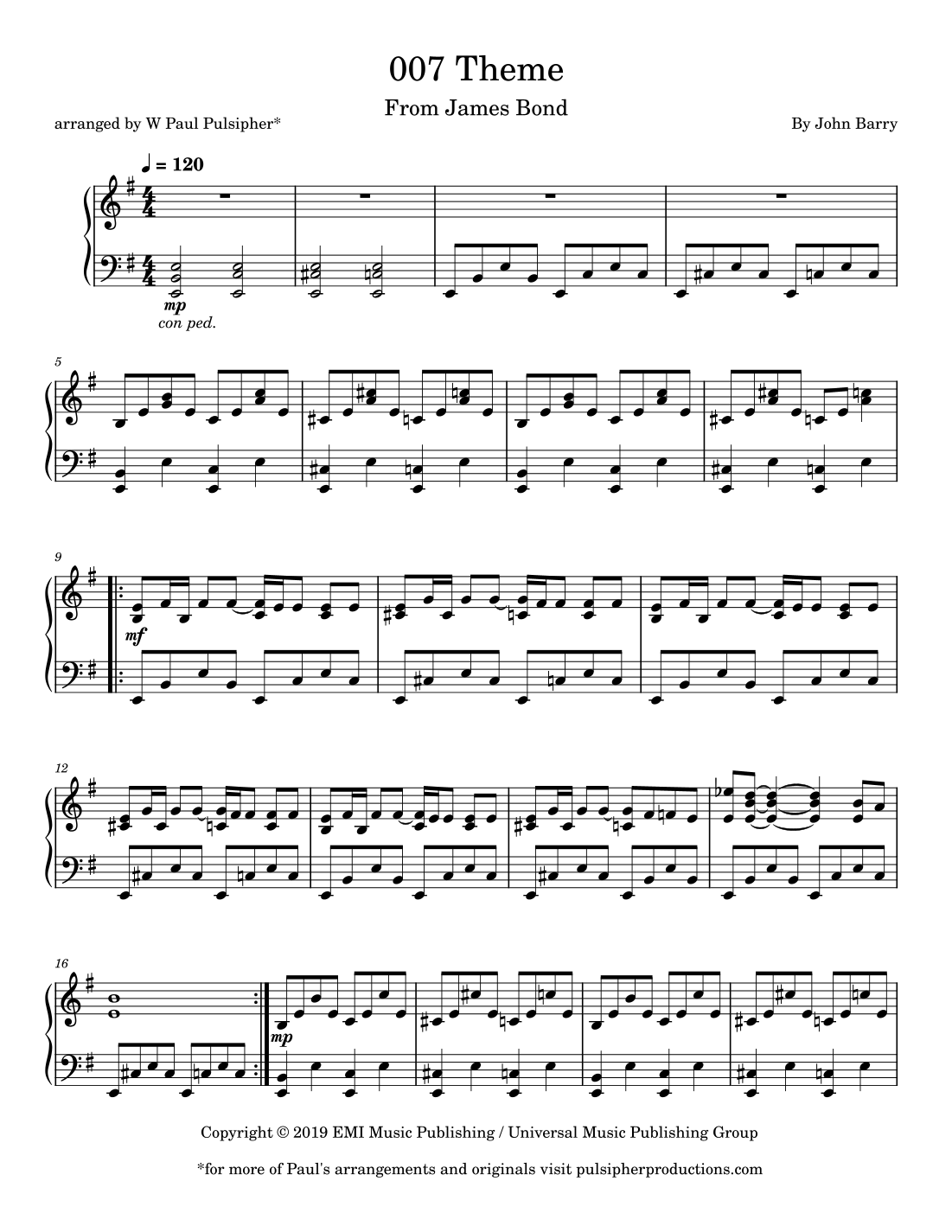 007 Theme (arr. W Paul Pulsipher) by John Barry Sheet Music for Piano ...
