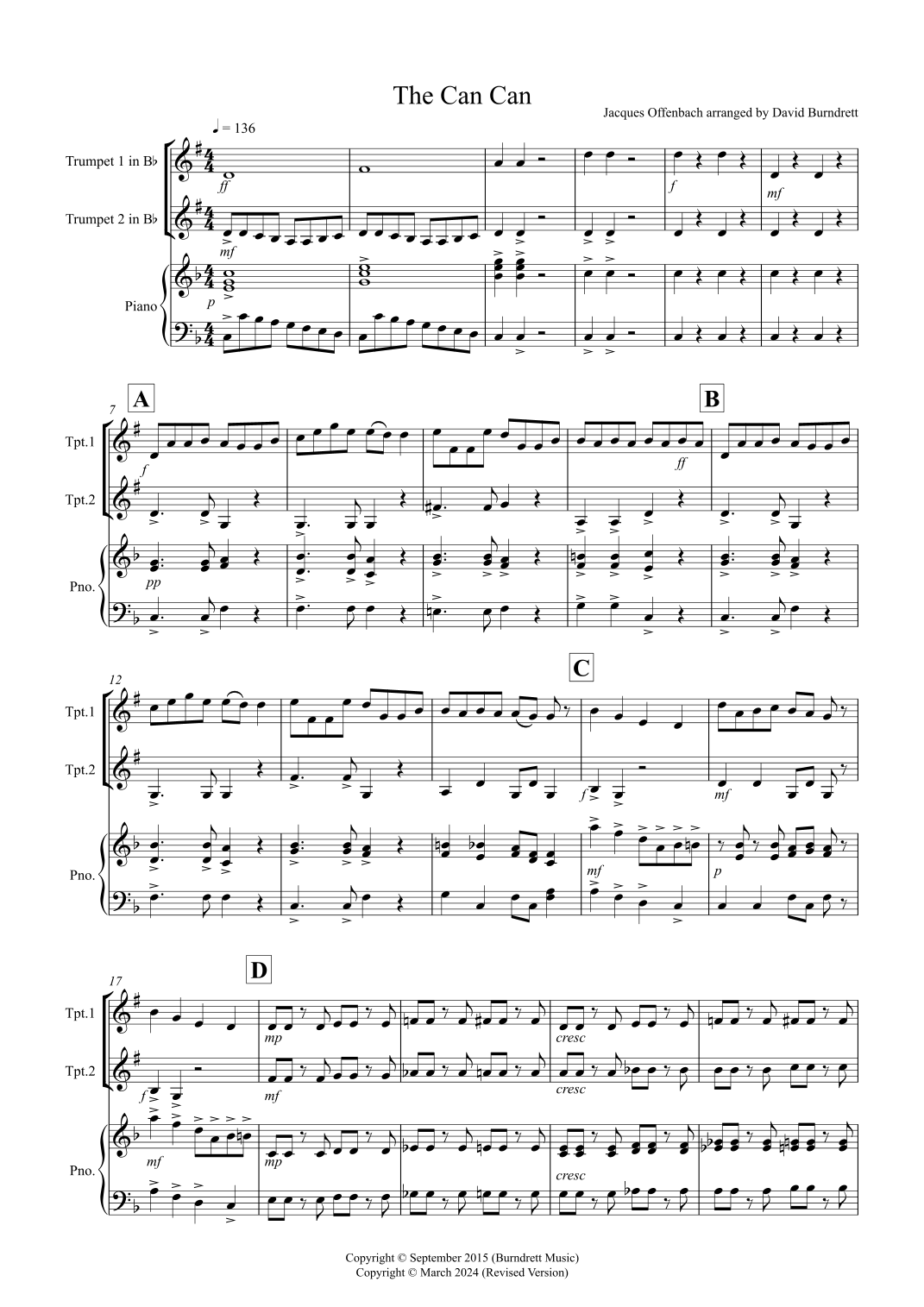 The Can Can for Trumpet Duet (arr. David Burndrett) by Jacques ...