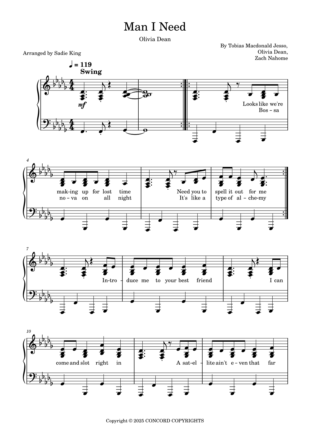 Man I Need (arr. Sadie King) by Olivia Dean Sheet Music for Piano Solo at Sheet Music Direct