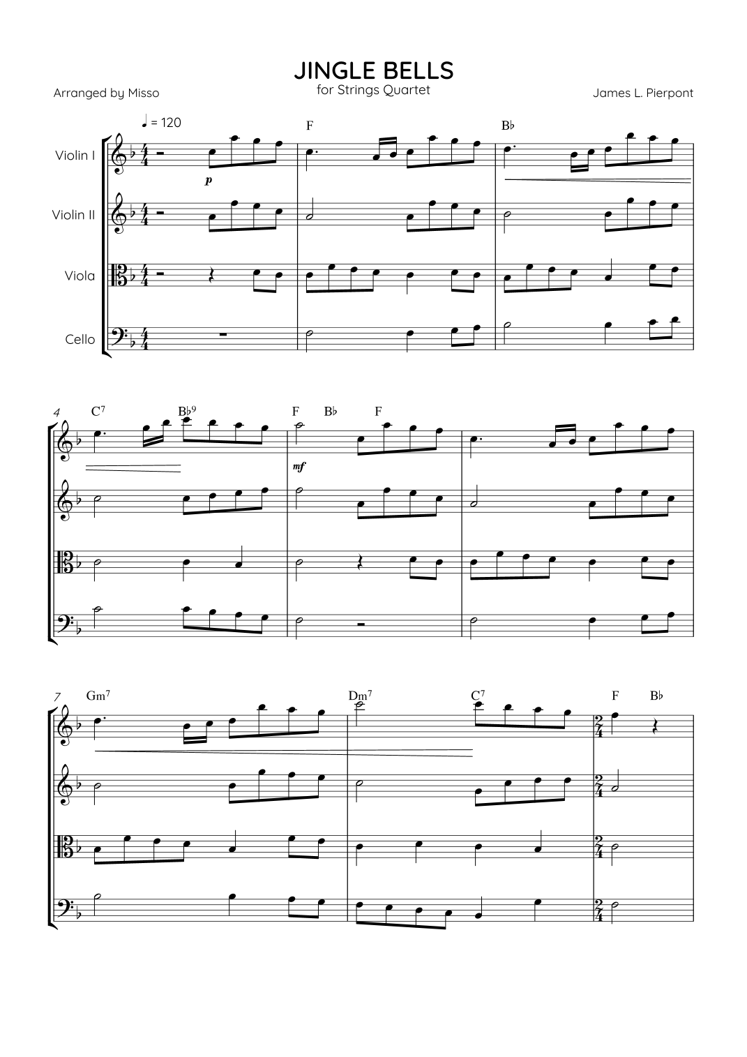 Jingle Bells - Strings Quartet in F Major - Intermediate With Chords (arr. MissoRB) by James L ...