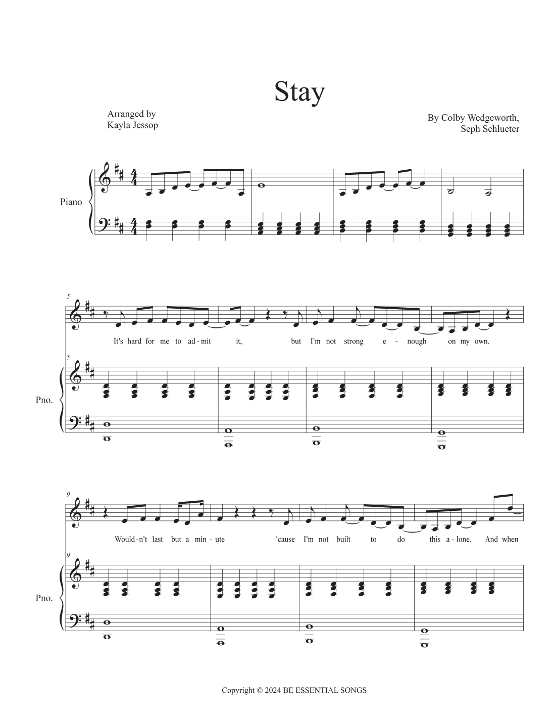 Stay (arr. Kayla Jessop by Seph Schlueter Sheet Music for Piano & Vocal ...