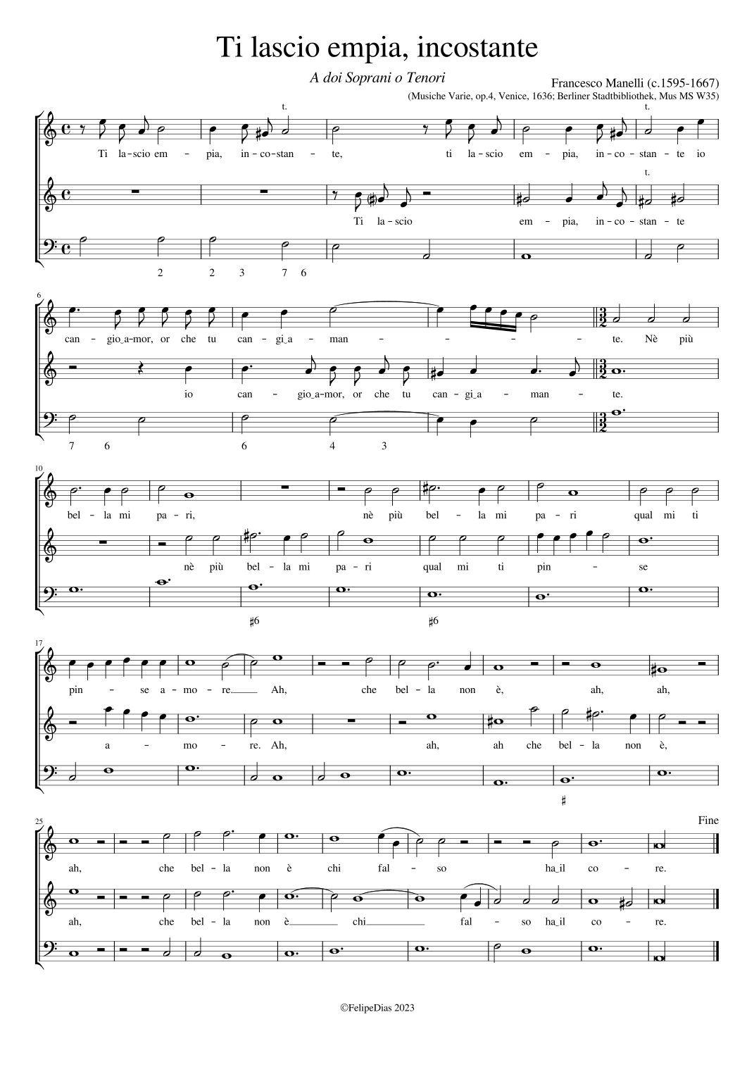 Ti lascio empia incostante (arr. Early Music Scores) by Francesco ...