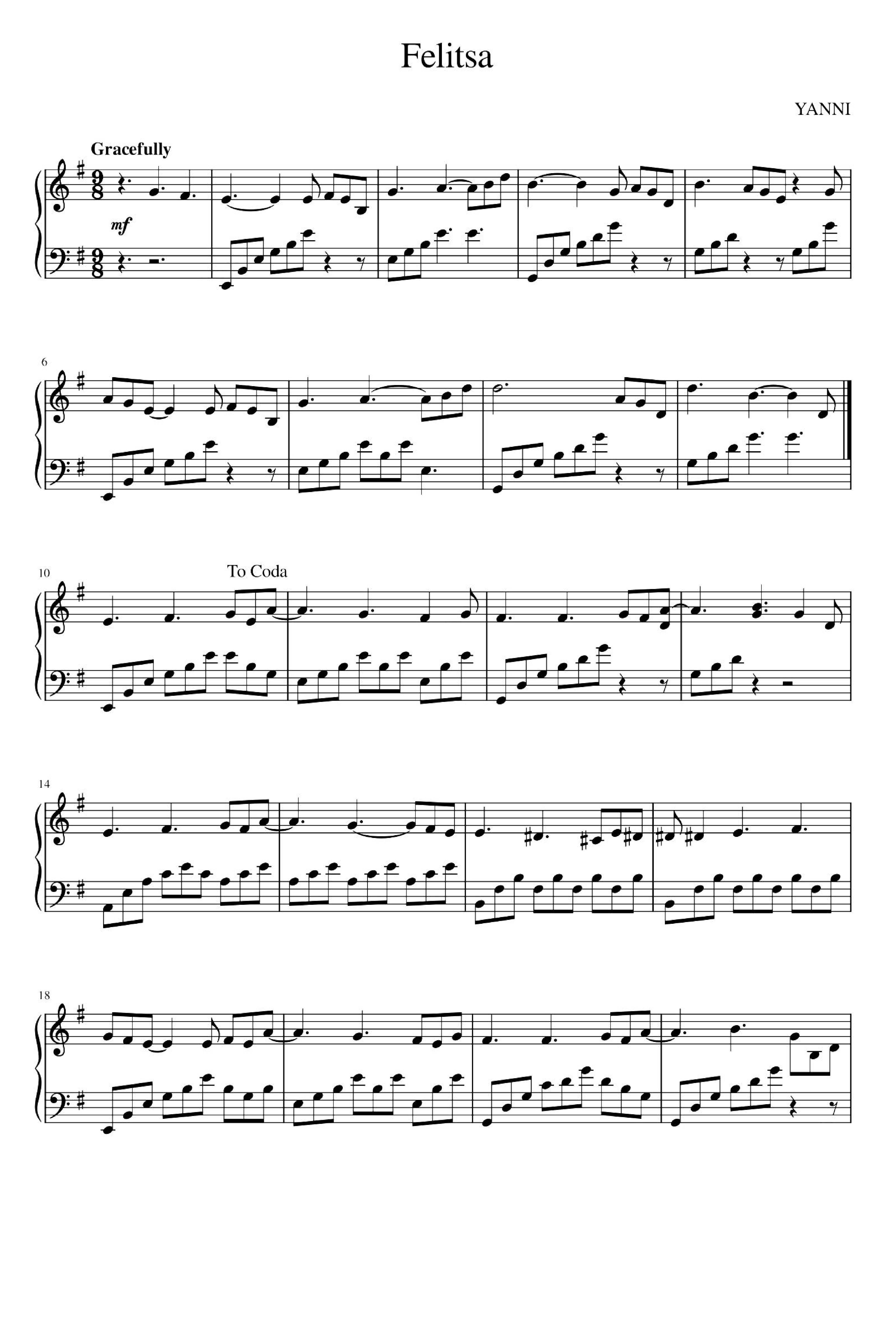 Felitsa (arr. Yanni) by Yanni Sheet Music for Piano Solo at Sheet Music ...