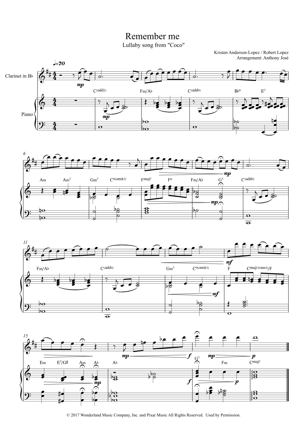 Remember Me (Lullaby) (arr. Anthony José) by Robert Lopez Sheet Music ...