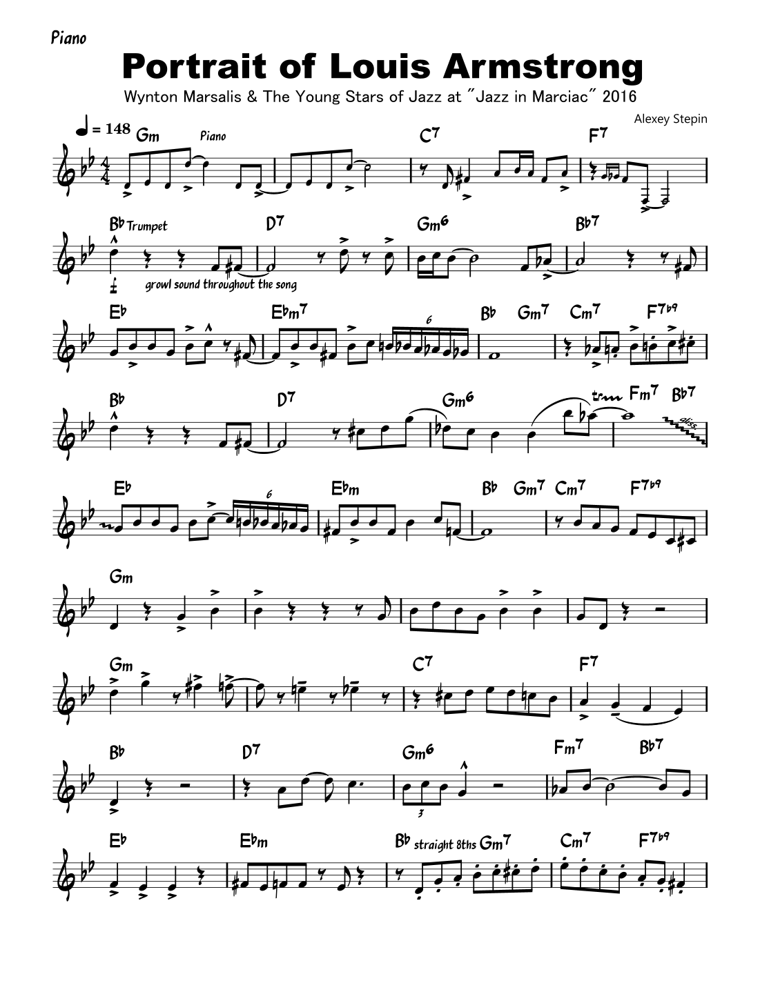 Portrait Of Louis Armstrong Sheet Music | Wynton Marsalis | Piano ...