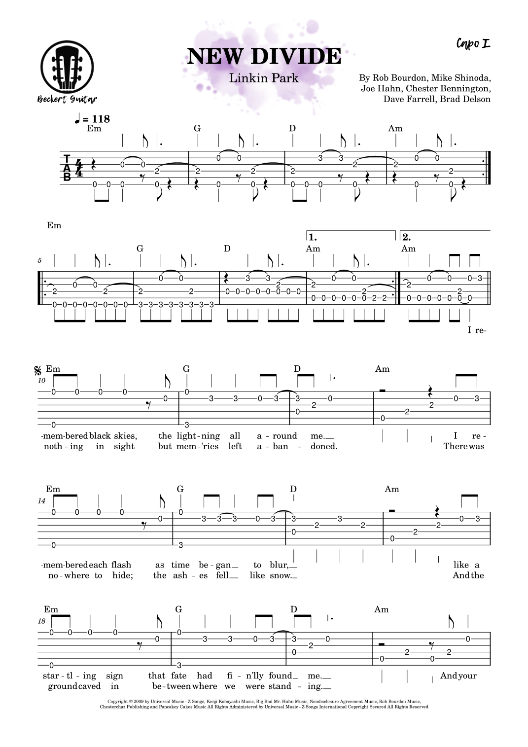 New Divide (arr. Beckert Guitar) by Linkin Park Sheet Music for Solo ...
