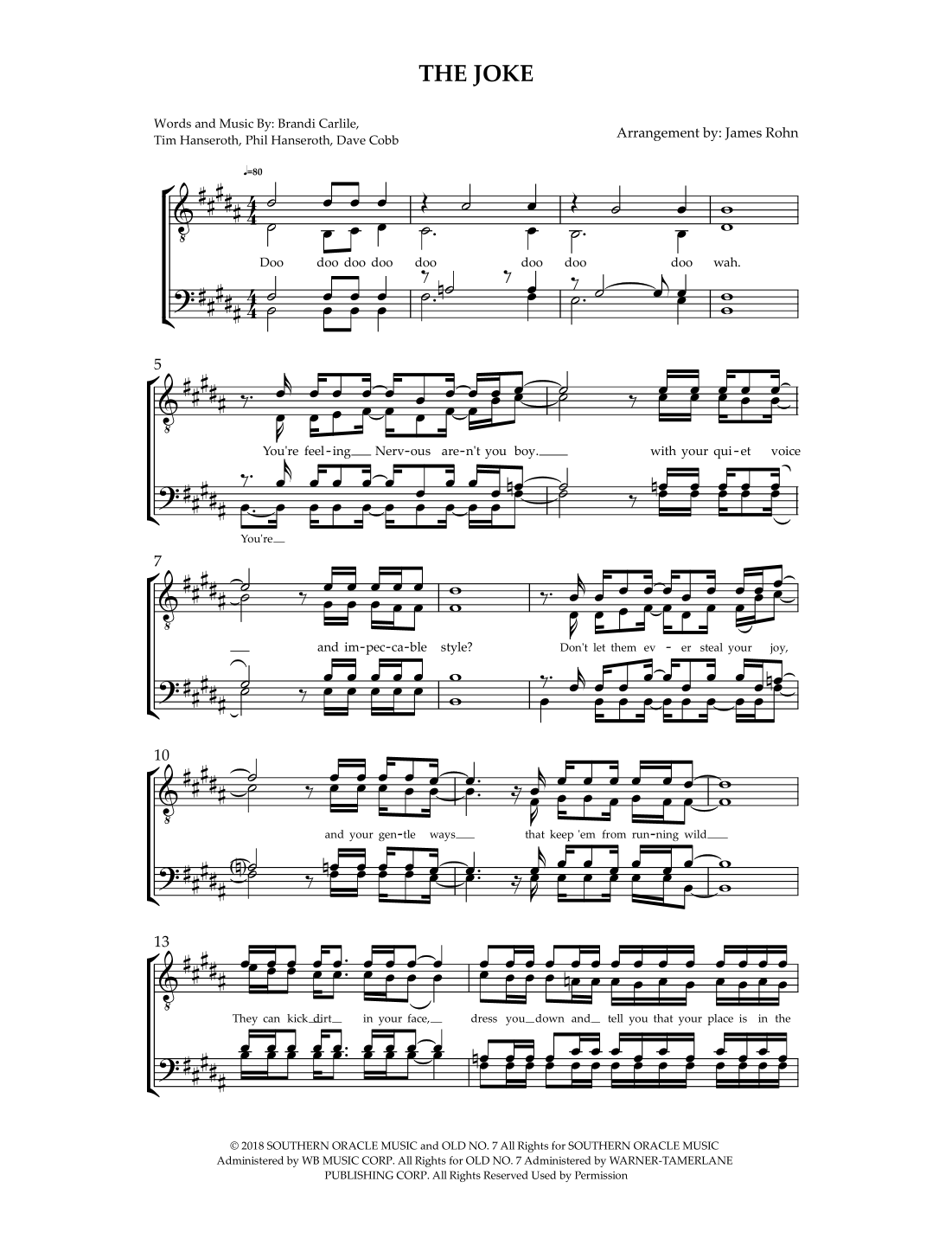 The Joke (arr. James Rohn) by Brandi Carlile Sheet Music for TTBB Choir ...