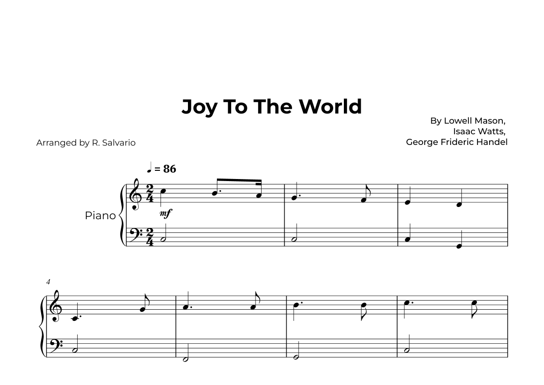 Joy To The World - Piano Solo (arr. R. Salvario) by Lowell Mason Sheet ...